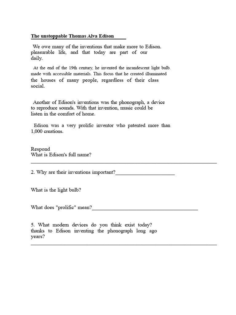 Reading Comprehension - The Unstoppable Thomas Alva Edison | PDF