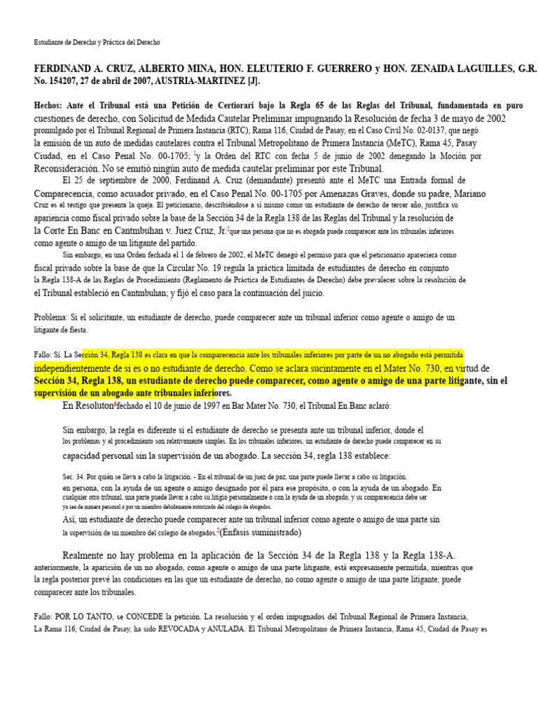 Cruz v. Mina G.R. No. 154207 27 de Abril de 2007 Resumen | PDF | Fiscal ...