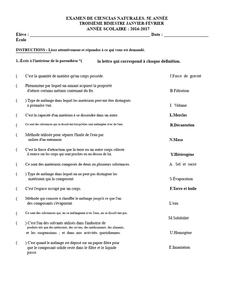 Examen de Sciences Naturelles 3ème Bimestre Cinquième Année | PDF | Eau ...