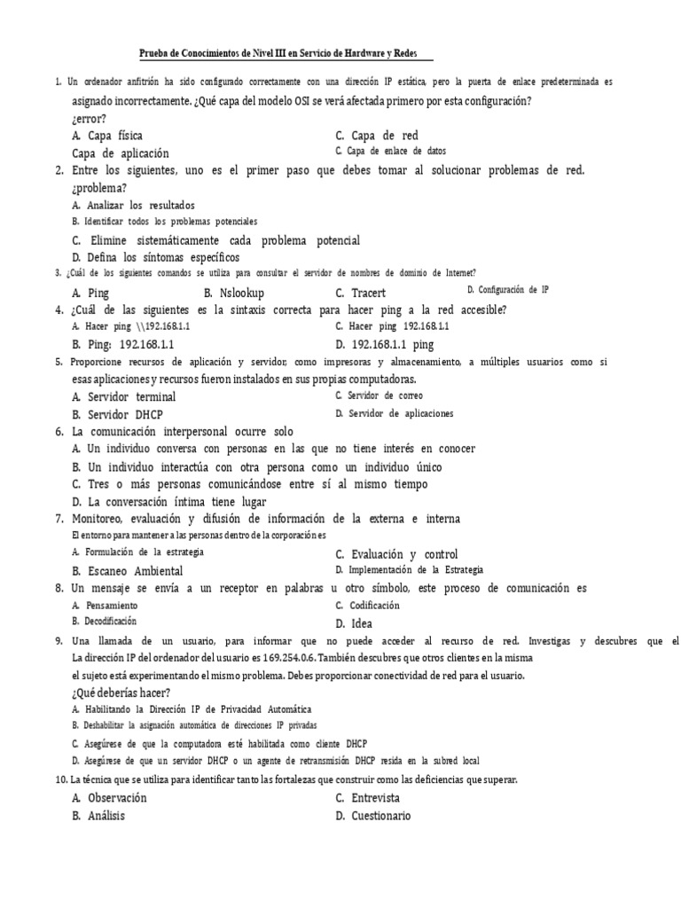 Prueba de Conocimiento HNS Nivel III COC | PDF | Red de computadoras | Protocolos de internet