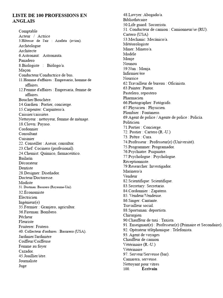 Liste de 100 professions en anglais | PDF