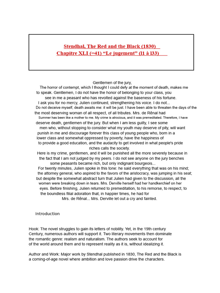 Stendhal, The Red and The Black (1830), Chapter XLI ( 41) "The Judgment ...