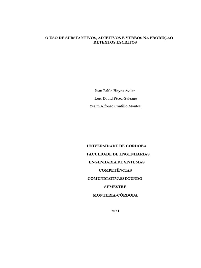 RELATÓRIO SUBSTANTIVOS, ADJETIVOS E VERBOS | PDF | Adjetivo | Linguística