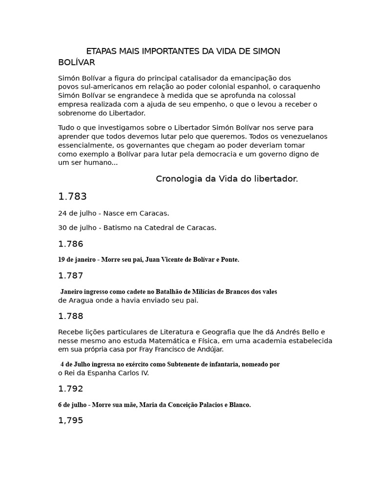 Etapas Mais Importantes Da Vida de Simón Bolívar | PDF