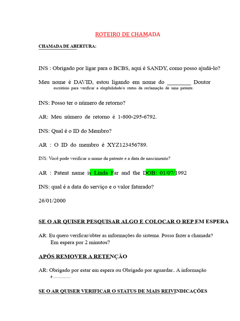 Roteiro de Chamada | PDF