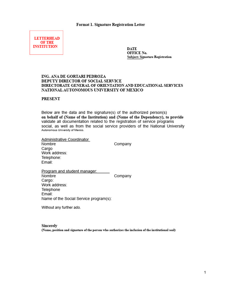 Format 1. Letter of Signature Registration | PDF