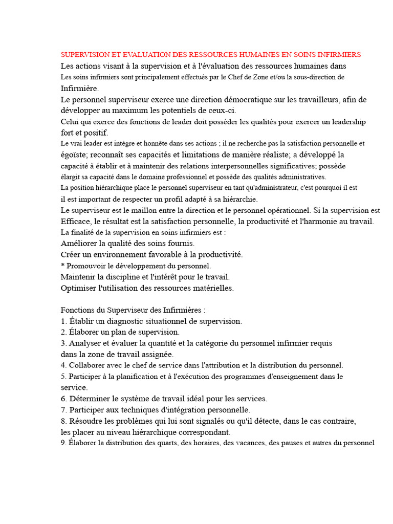 Supervision Et Évaluation Des Ressources Humaines en Soins Infirmiers ...