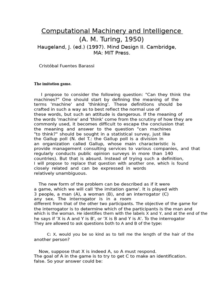 Imitation Game: Can Machines Think? | PDF | Thought | Consciousness