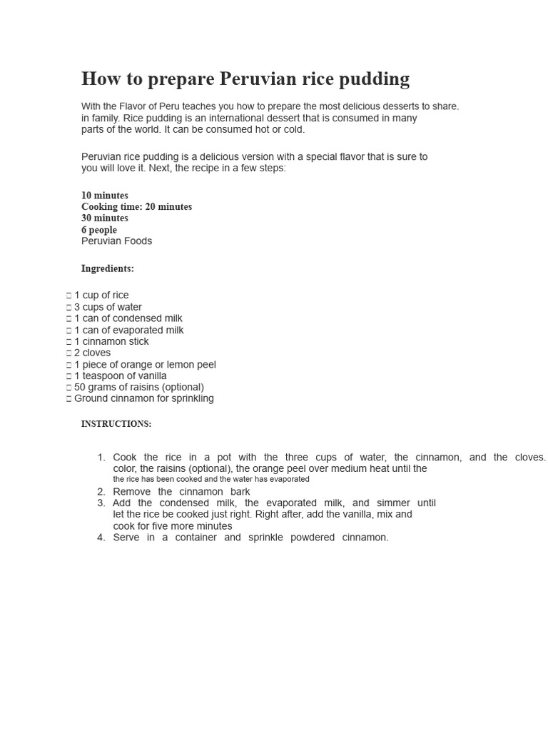 Peruvian Rice Pudding Recipe | PDF