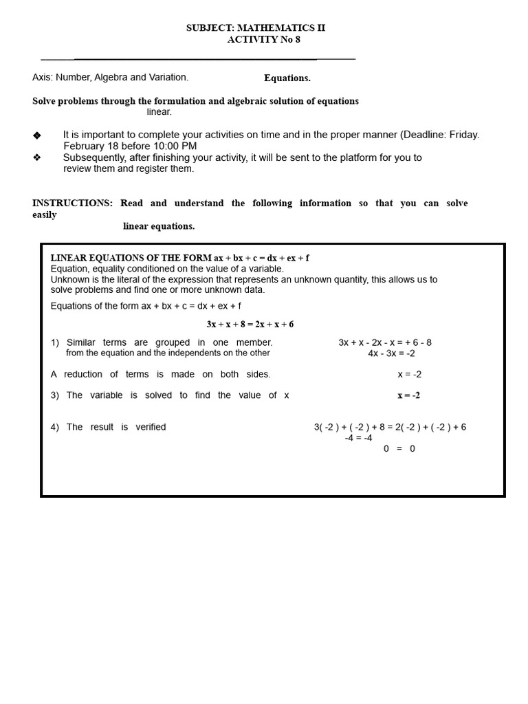 Mathematics Activity II Solution of Linear Equations of The Form Ax ...