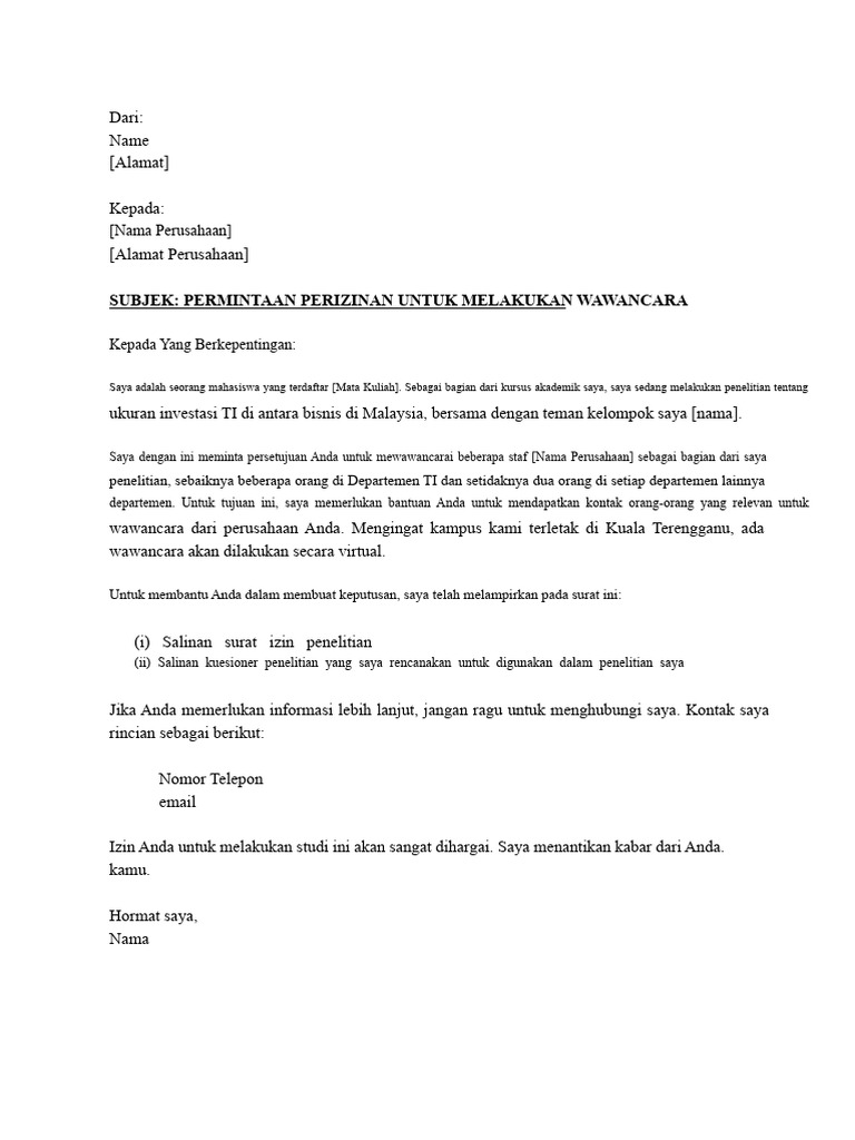 Permohonan Izin Untuk Melakukan Wawancara Contoh | PDF