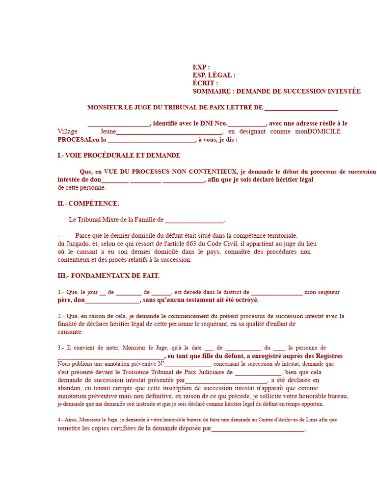 Demande de succession intestat légale | PDF | Compétence | Certificat ...