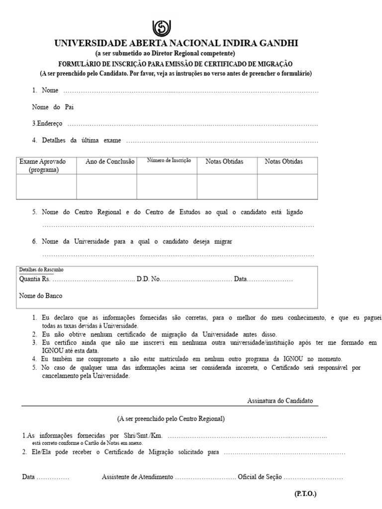 Solicitação de Certificado de Migração IGNOU | PDF