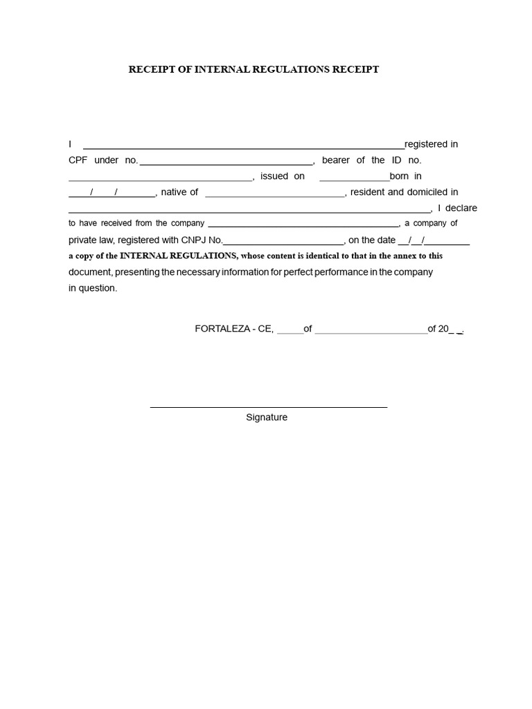 Receipt of Internal Regulations Receipt | PDF