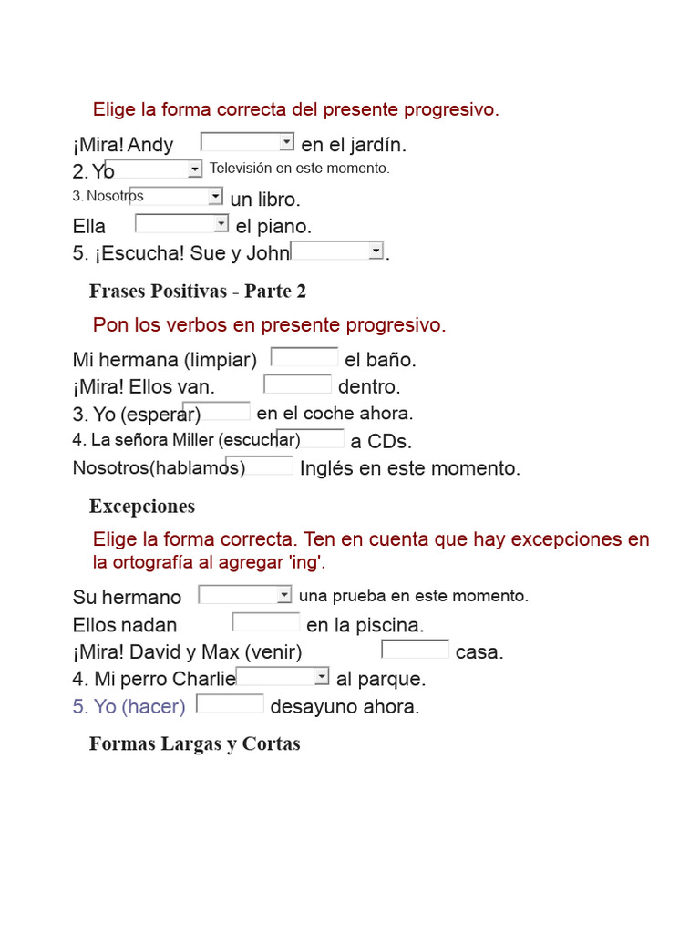 Ejercicios de Presente Progresivo en Inglés | PDF