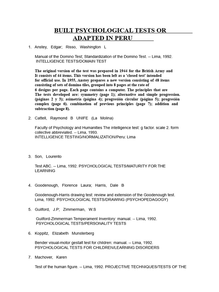 Psychological Tests Built or Adapted in Peru | PDF | Psychological ...