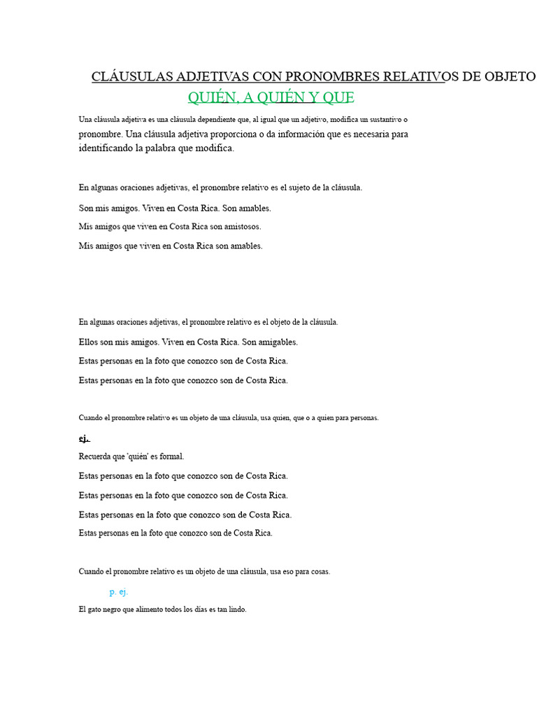 Cláusulas Adjetivas Con Pronombres Relativos de Objeto Quien, A Quien y ...
