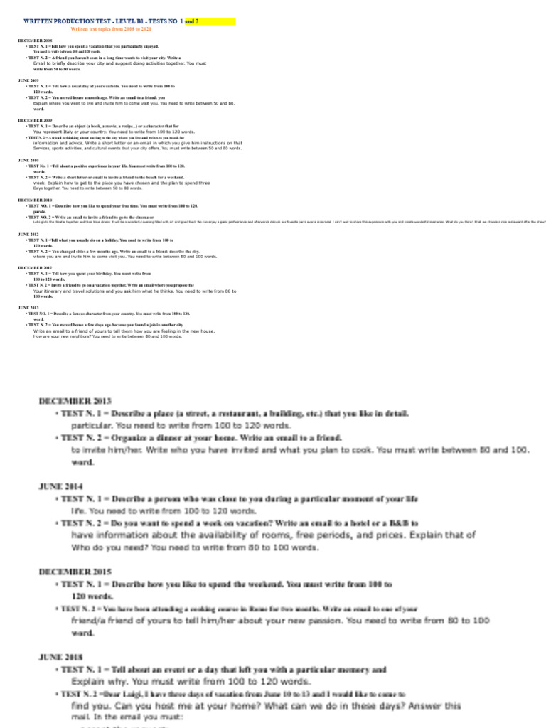 B1 Written Production Test Topics | PDF