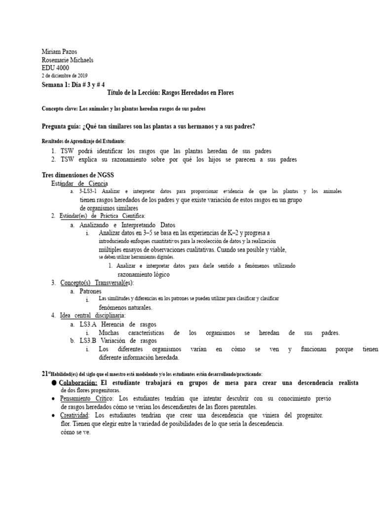 Plan de Lección Sobre Rasgos y Herencia para Tercer Grado | PDF ...