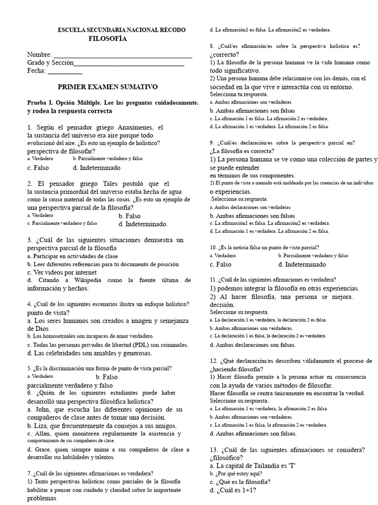 primer examen sumativo de filosofía | PDF | Verdad | Existencia