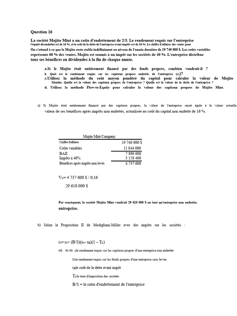 Question 16 | PDF | Capitaux propres | Taxe d'entreprise