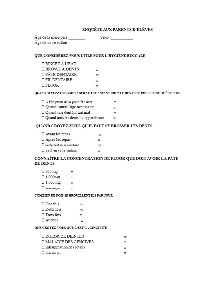 Enquête sur l'hygiène buccale des enfants | PDF | Hygiène bucco ...