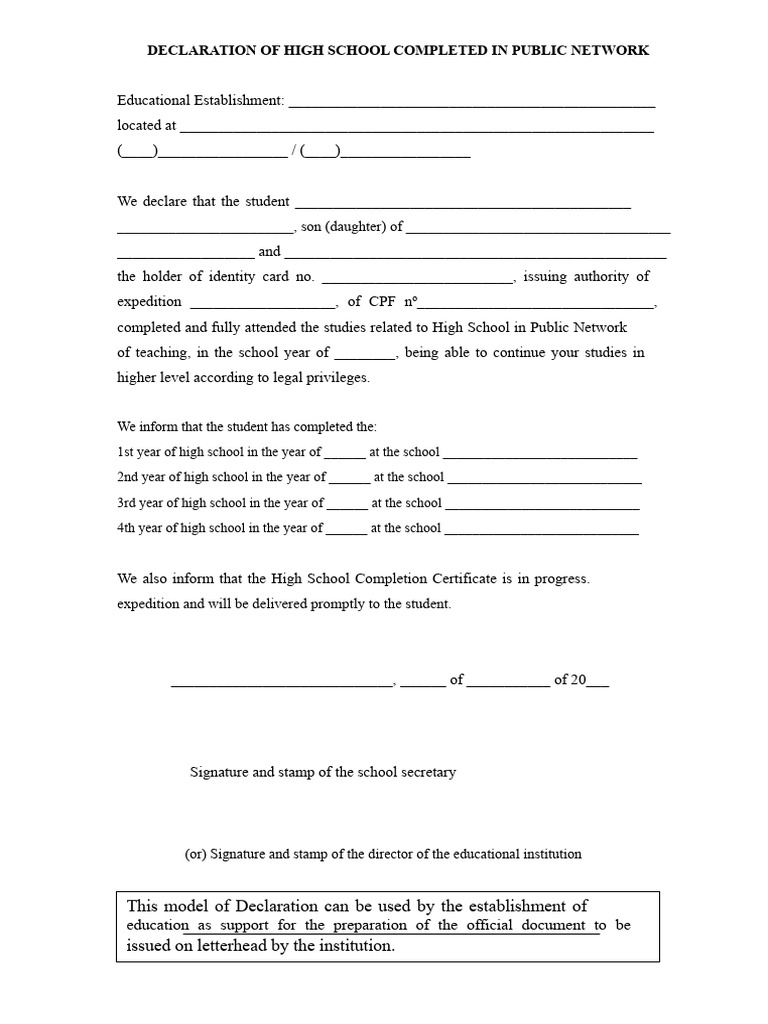 High School Completion Declaration Template | PDF