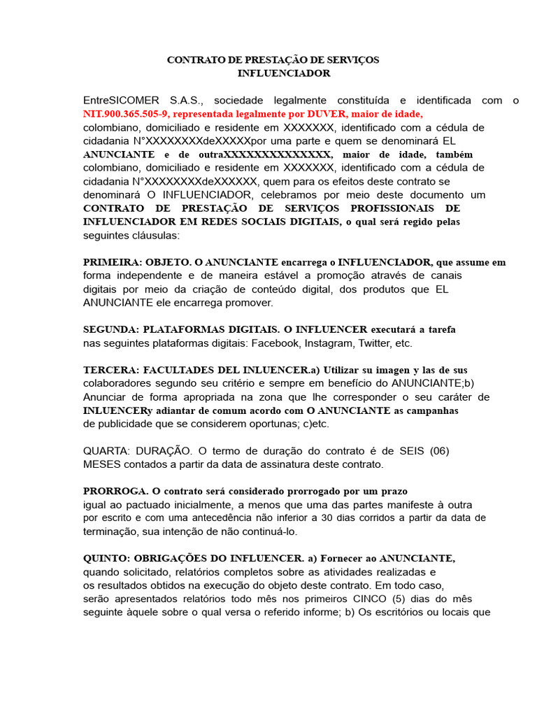 CONTRATO DE PRESTAÇÃO DE SERVIÇOS INFLUENCER | PDF | Publicidade ...