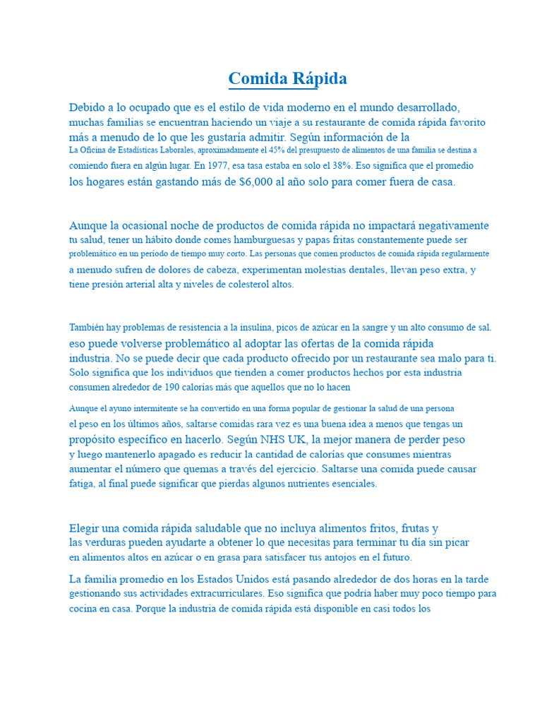 Ensayo Sobre Comida Rápida | PDF | Alimentos | Comida rápida