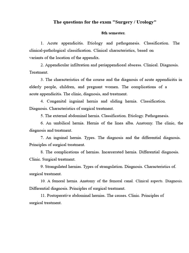 Urology Surgery Exam Questions Guide | PDF | Urinary System | Urology