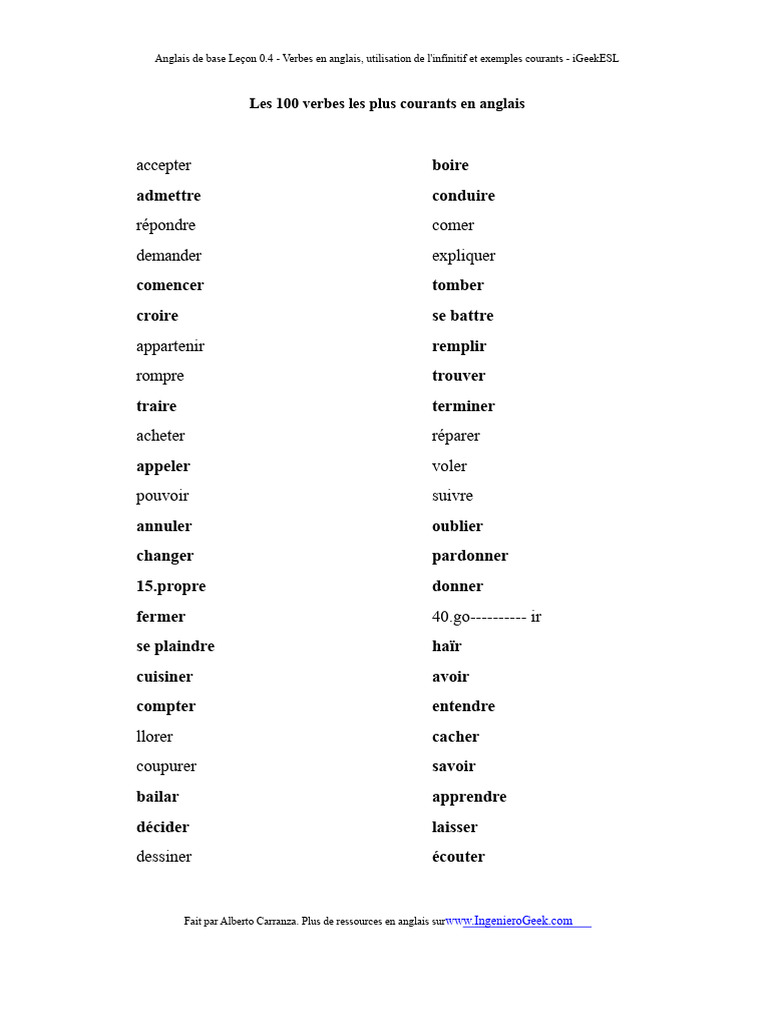 100 Verbes de Base en Anglais | PDF | Verbe
