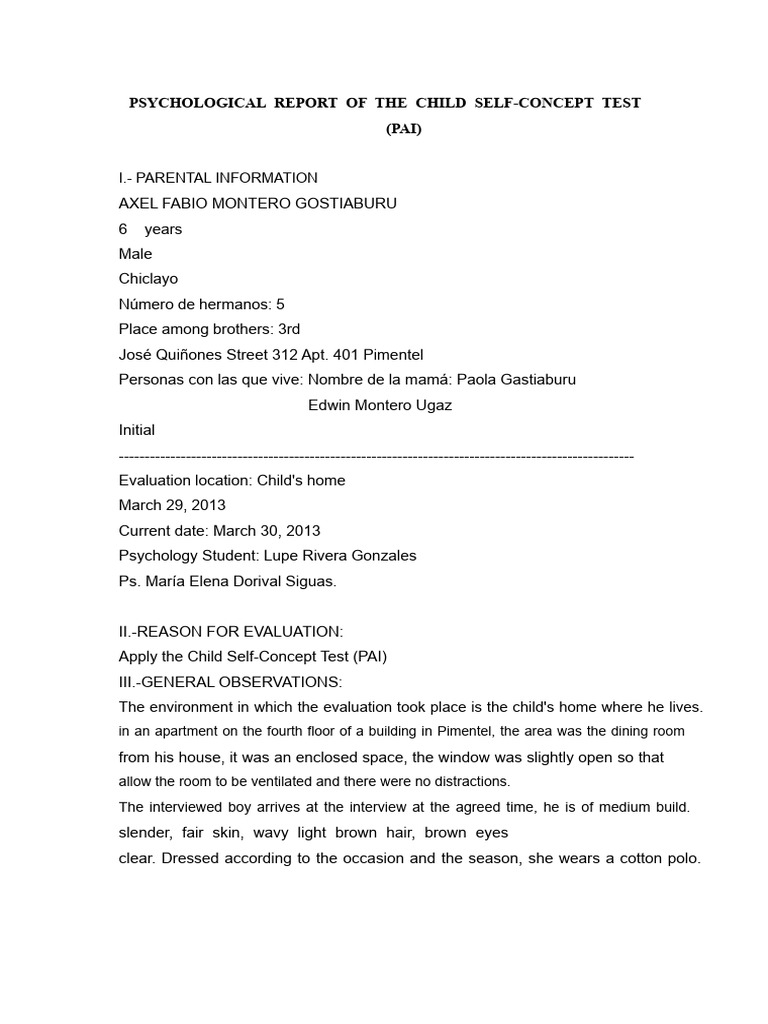 Psychological Report of The Child Self-Concept Test | PDF | Self Esteem ...