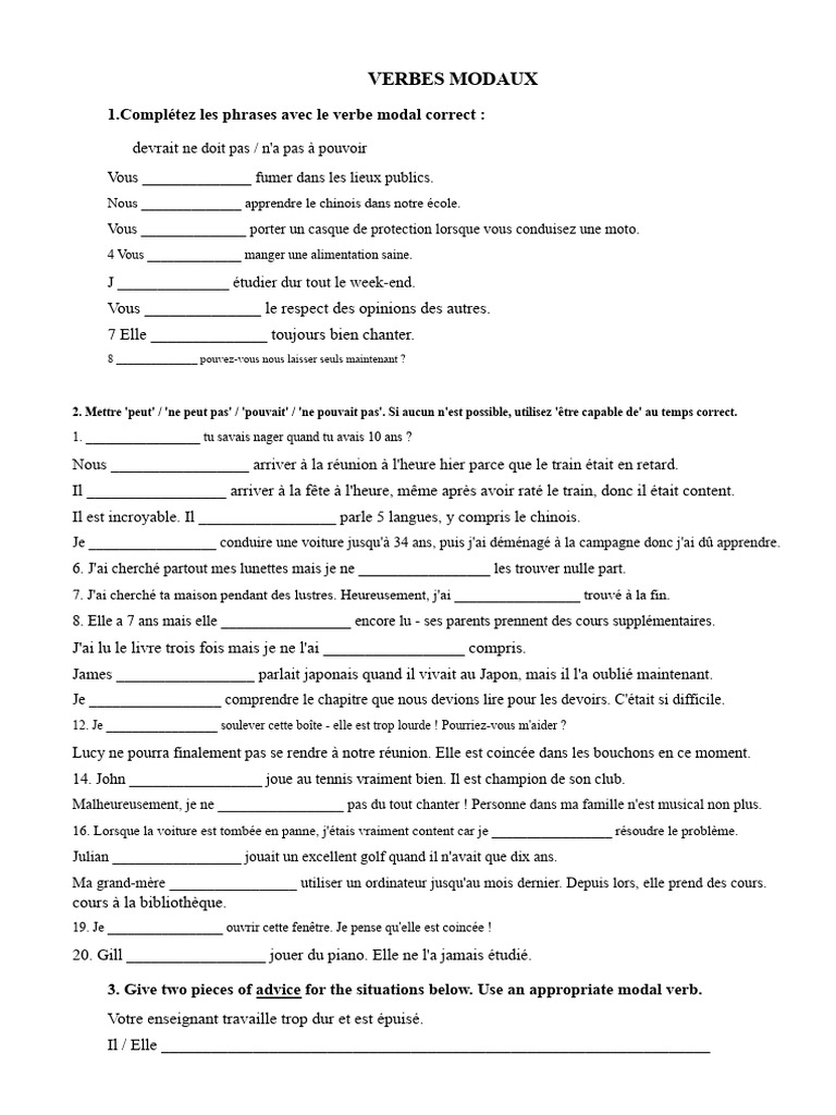 Activités Avec Les Verbes Modaux | PDF | Verbe