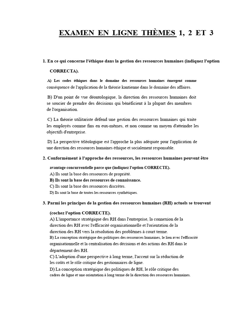 Examen en ligne RH : Thèmes 1 à 3 | PDF | Gestion des ressources humaines