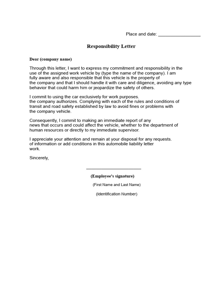 Letter of responsibility for work vehicle | PDF