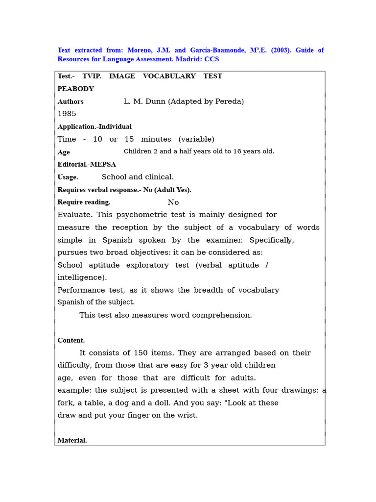 TVIP (Peabody Picture Vocabulary Test) | PDF