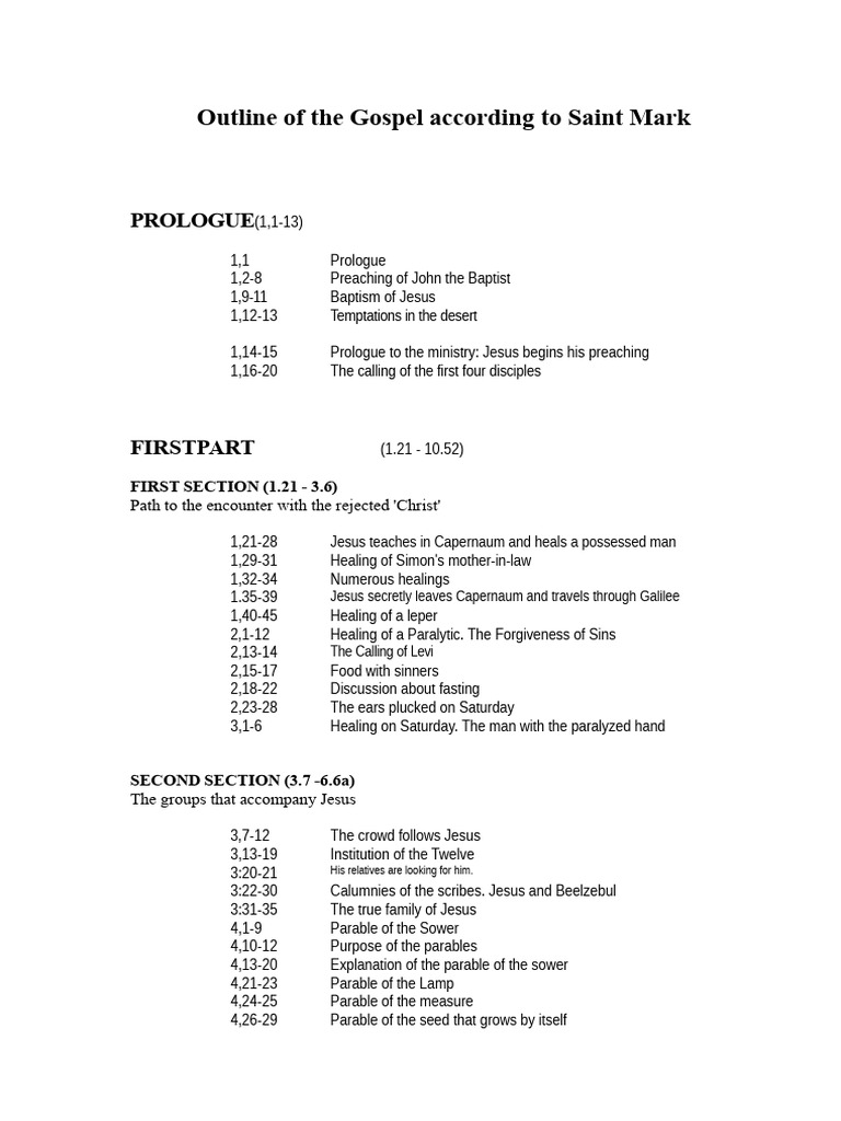 Outline of The Gospel According To Saint Mark | PDF | Jesus | Ministry ...