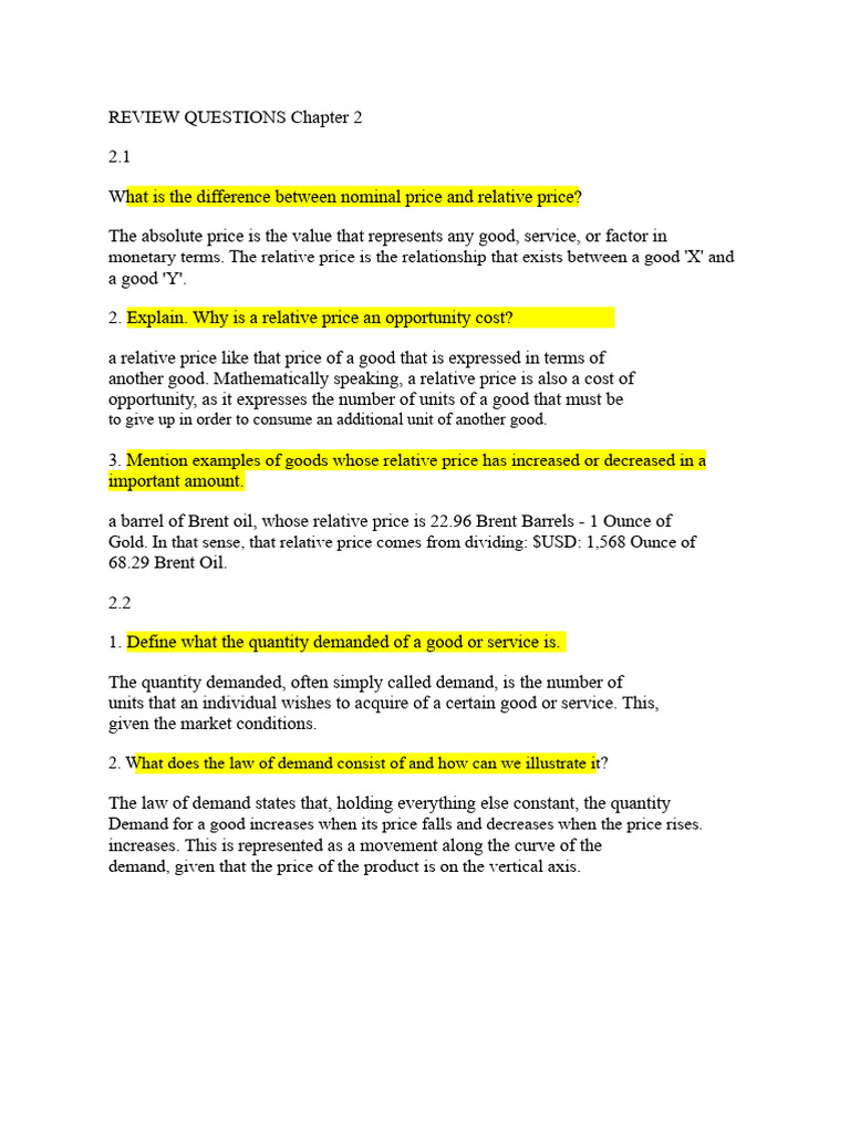 REVIEW QUESTIONS Chapter 2 | PDF | Supply (Economics) | Demand