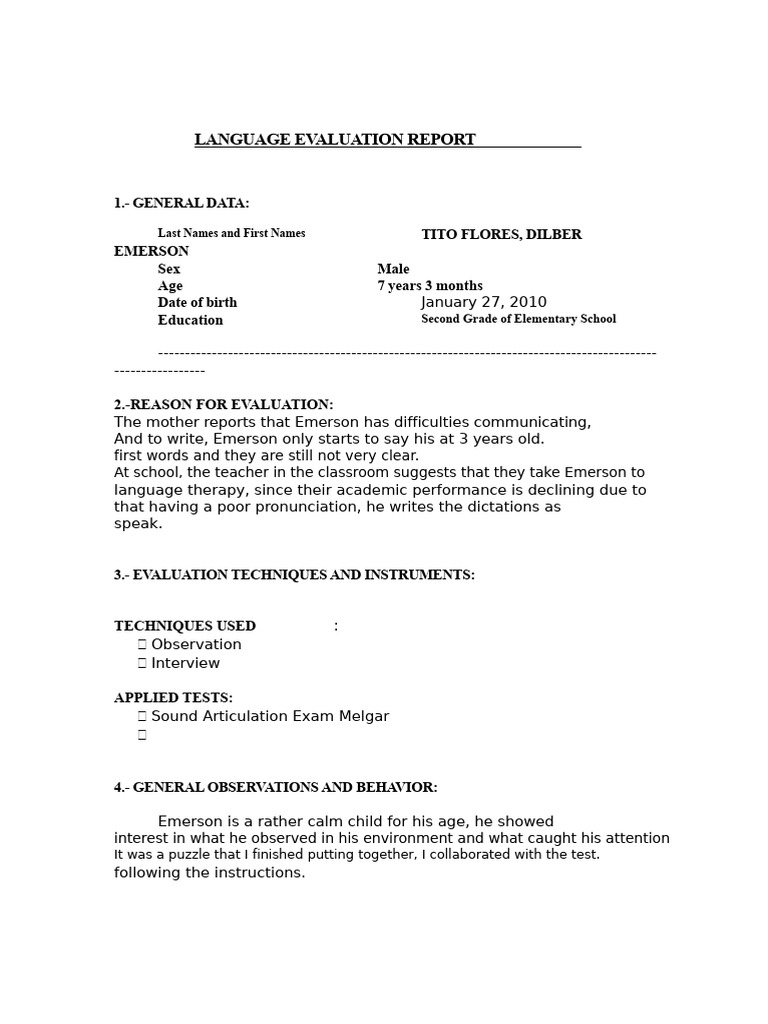 Language Evaluation for Emerson's Speech Issues | PDF | Word | Speech