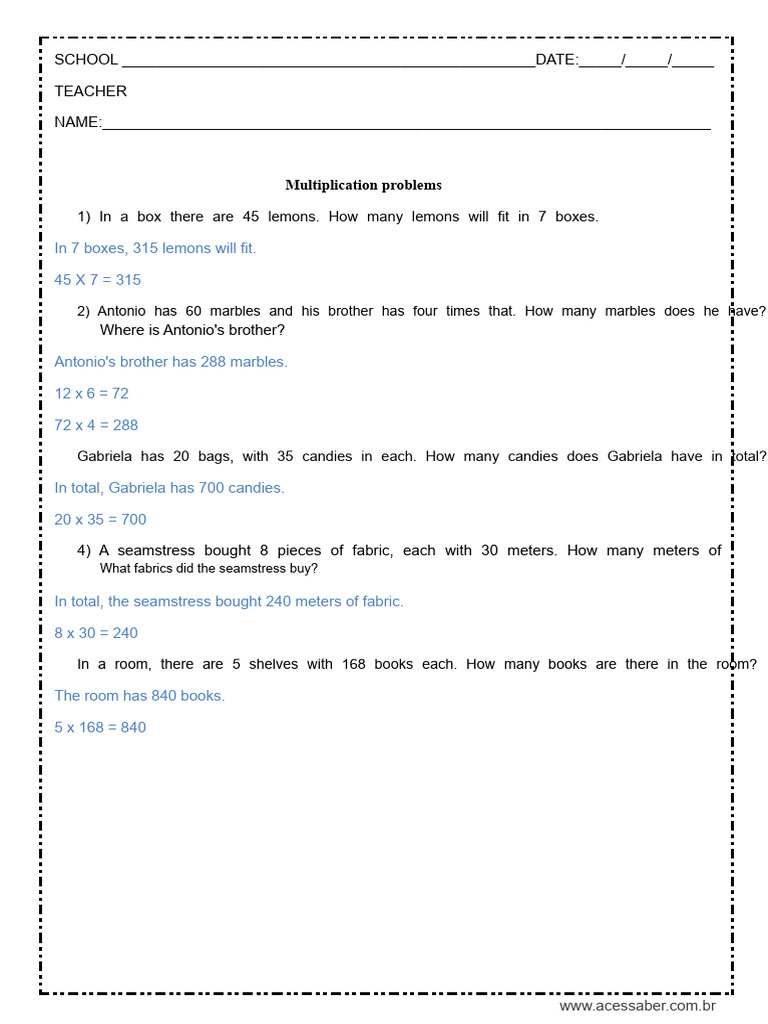 Mathematics Problems Multiplication 3rd or 4th Grade Answers | PDF