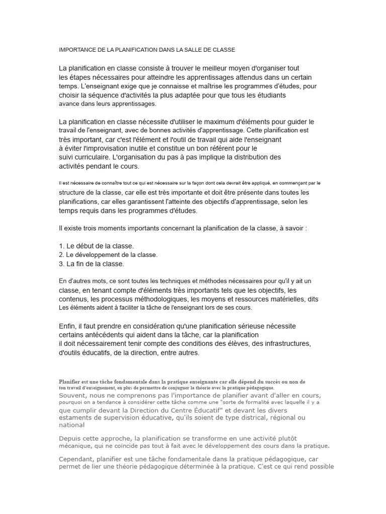 Planification essentielle en classe | PDF | Pédagogie | Apprentissage
