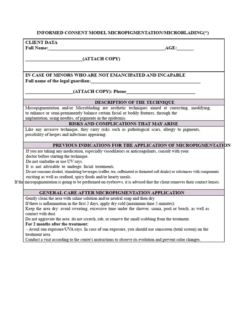 Informed Consent Model Micropigmentation (1807) | PDF | Allergy | Skin Cancer