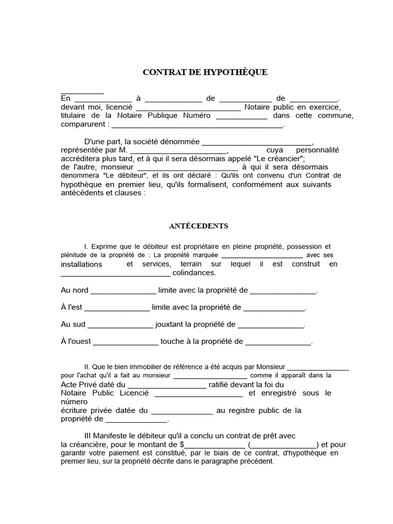 Contrat d'Hypothèque Standard | PDF | Débiteur | Impôts