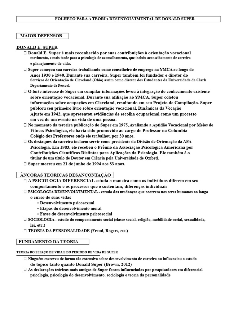 Teoria de Carreira de Donald Super | PDF | Psicologia | Sociologia