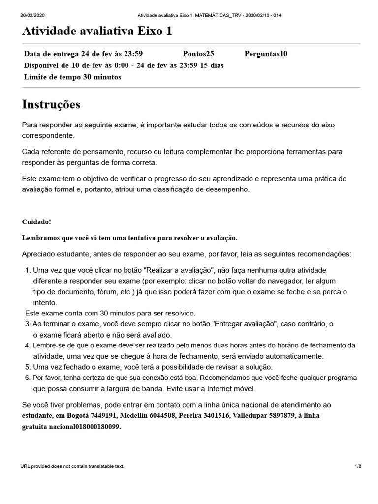Atividade Avaliativa Eixo 1 - MATEMÁTICA - TRV - 2020 - 02 - 10 - 014 | PDF