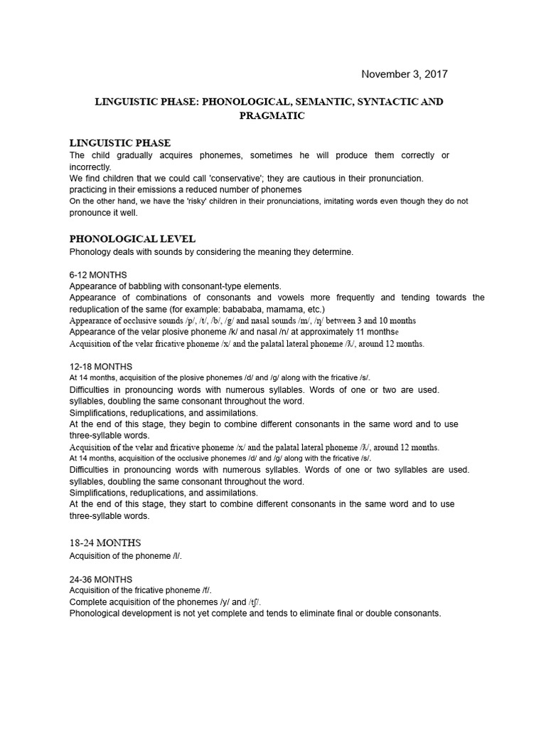 Linguistic Phase - Phonological, Semantic, Syntactic, and Pragmatic Level. | PDF | Consonant ...