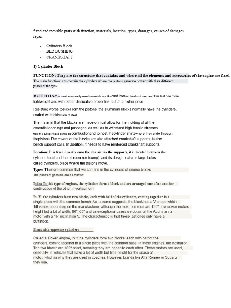 Fixed and moving parts with function, materials, location, types, damages, causes of damages ...