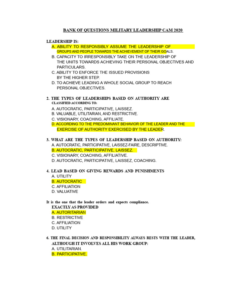 Bank of Questions Military Leadership Cam 2020 | PDF | Leadership ...