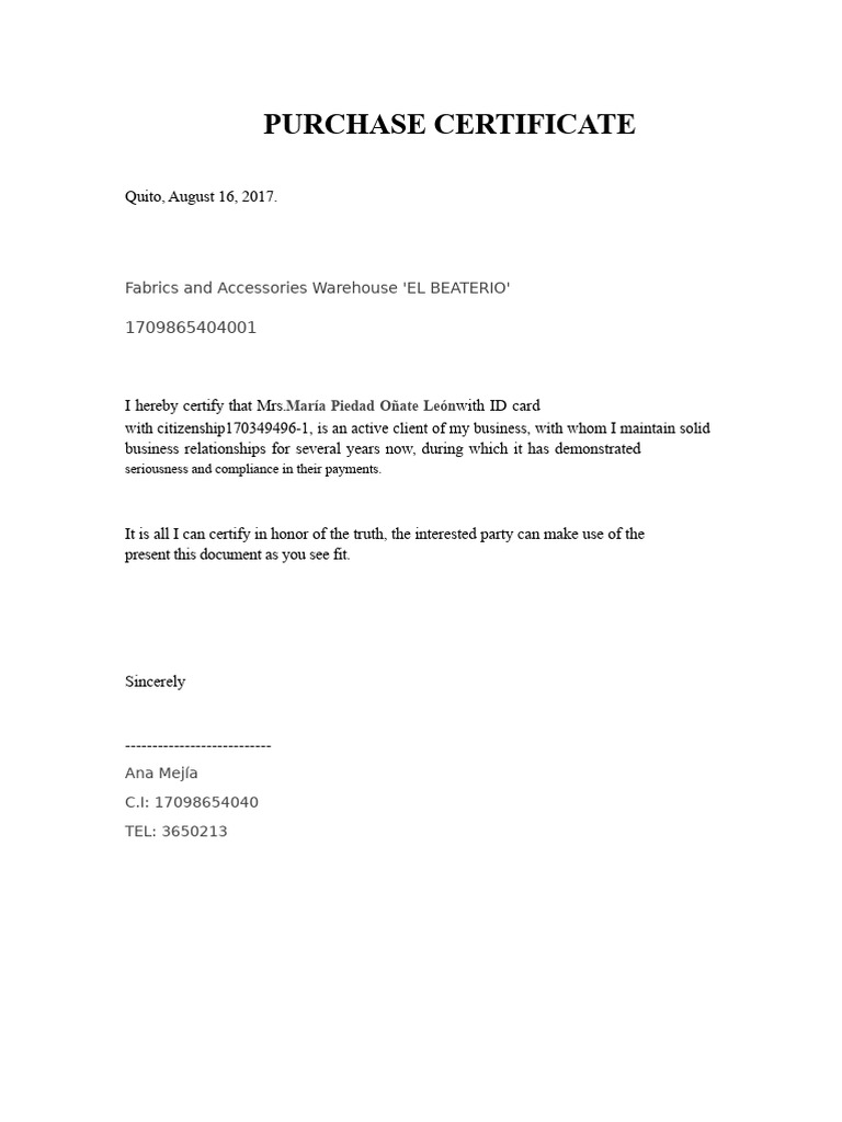 Client Purchase Certificate - El Beaterio | PDF