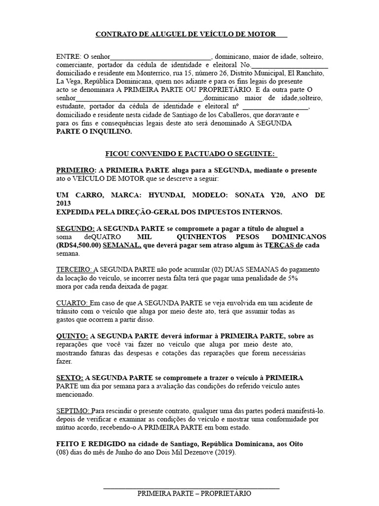 Modelo de Contrato de Aluguel de Veículo Motor | PDF